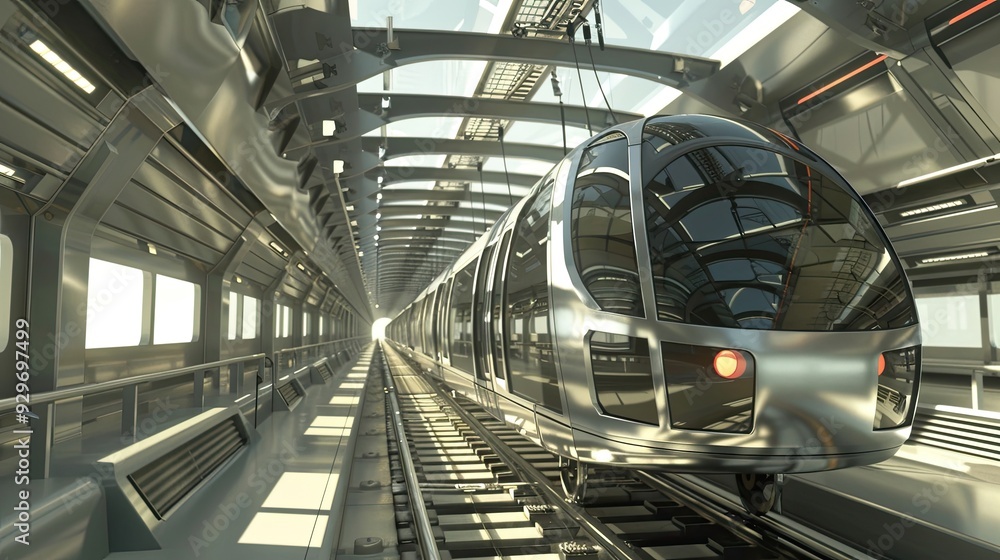 Futuristic subway train arriving at modern underground station. Sleek ...