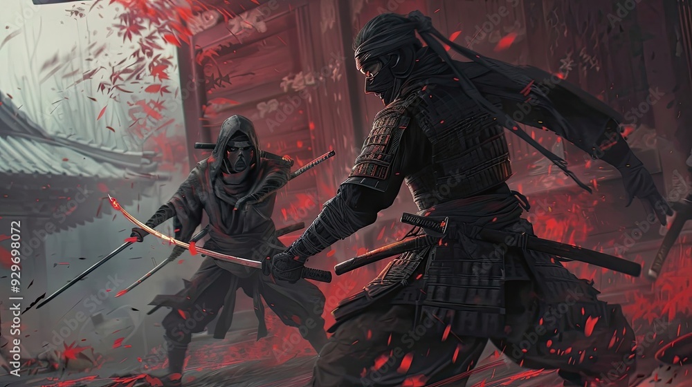 Two ninjas engaged in a fierce sword battle under the moonlight. Dramatic fight scene with ...