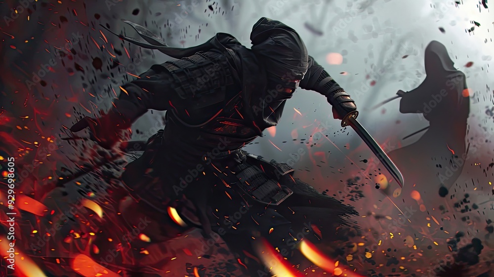 Two ninjas engaged in a fierce sword battle under the moonlight. Dramatic fight scene with ...