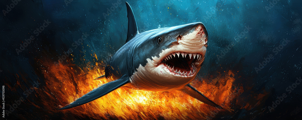 A dramatic and fierce shark swimming with fiery waters in the ...