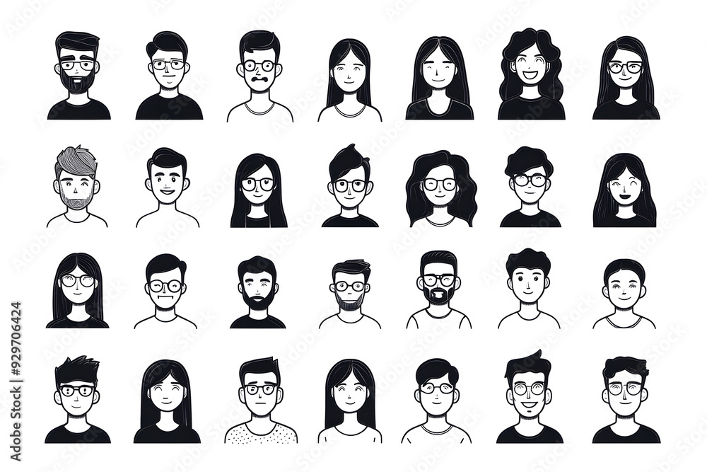 Black cartoon hand drawn characters for avatar collection isolated on ...
