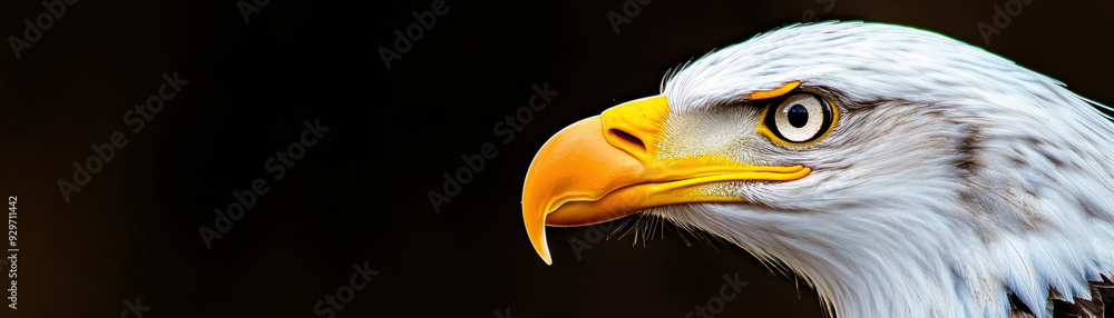 Close-up of a majestic bald eagle with a sharp beak and piercing eyes ...
