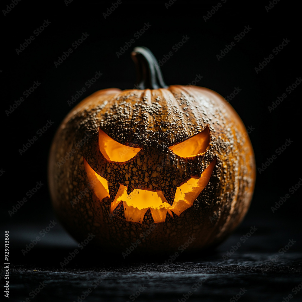 A spooky pumpkin with jagged teeth and an evil grin, lit from within ...