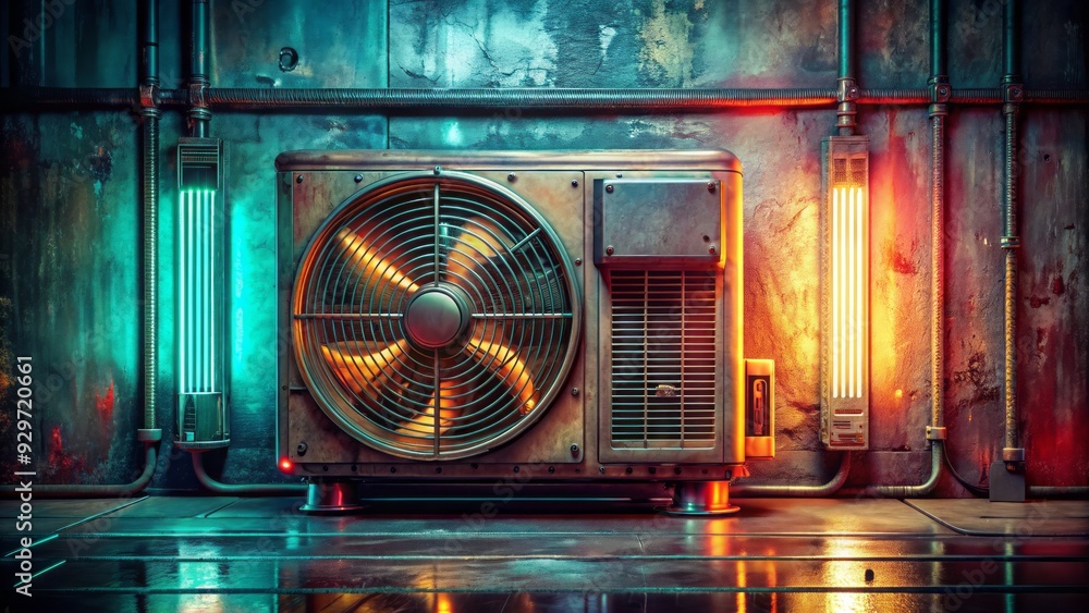 vintage sci fi futuristic aircon design metallic accents neon lights ...