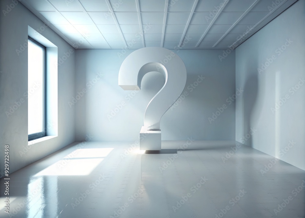 futuristic minimalist white room with a solitary giant question mark ...