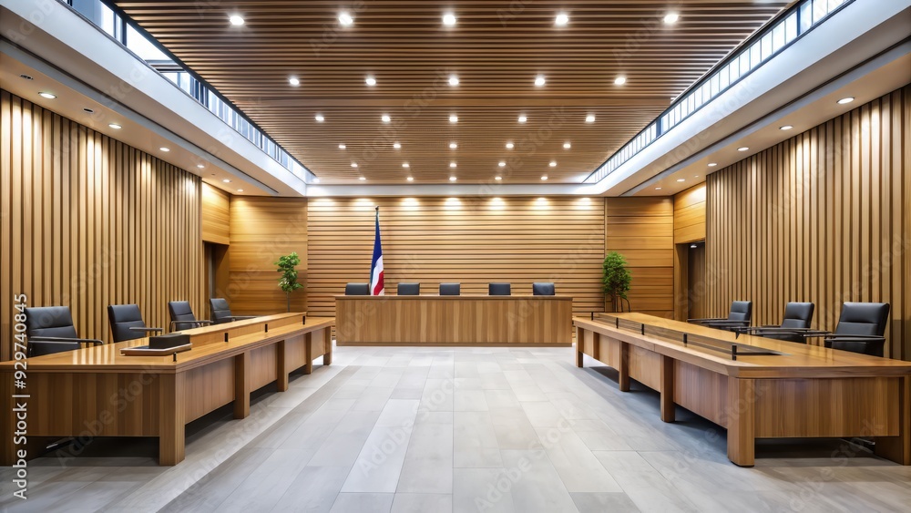Modern interior of a government building with a long wooden counter ...
