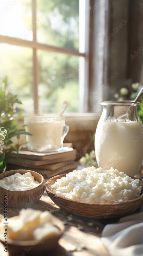 Cozy morning setup with fresh milk and cottage cheese on a rustic table ...