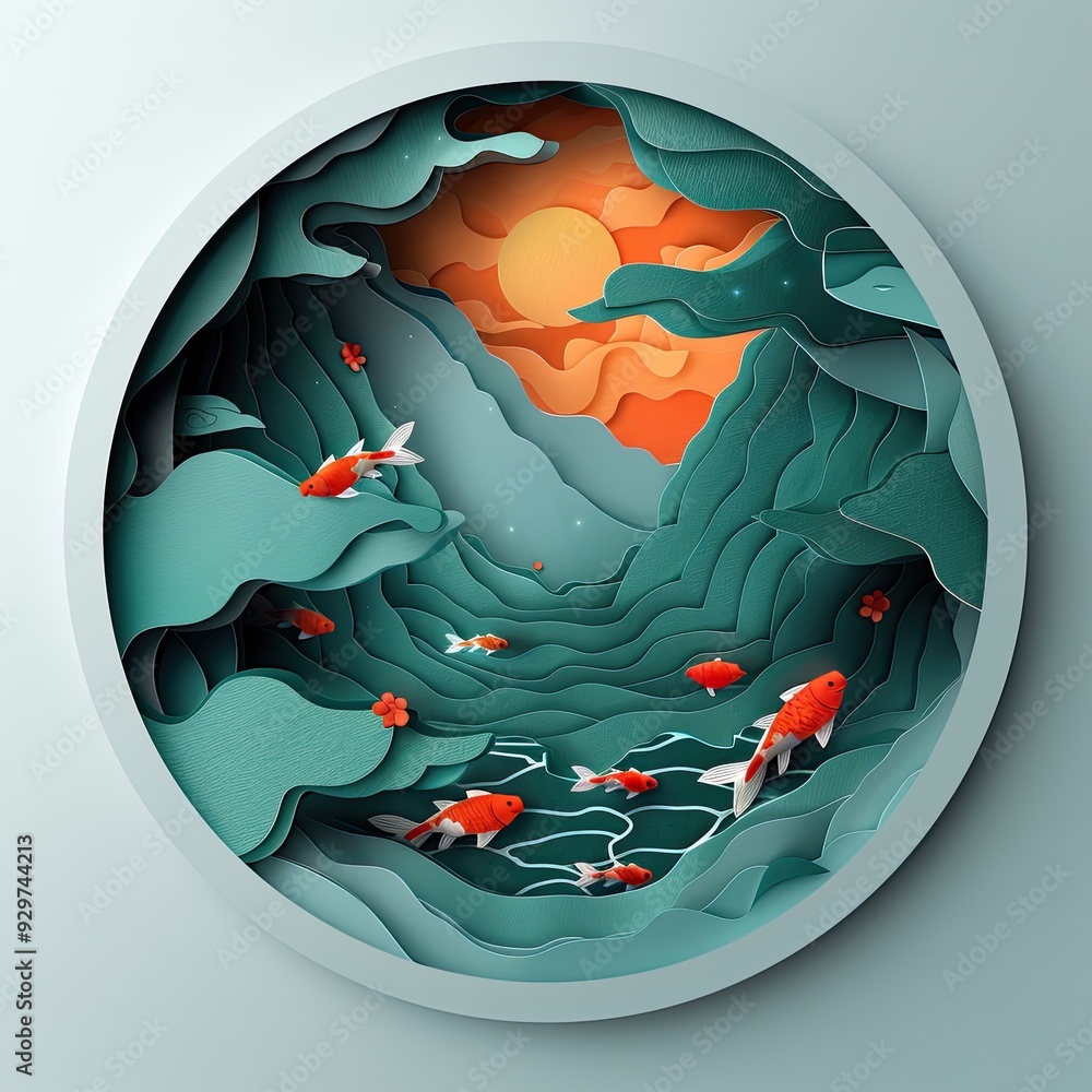 paper cutout style logo of an abstract koi pond with fish swimming in ...
