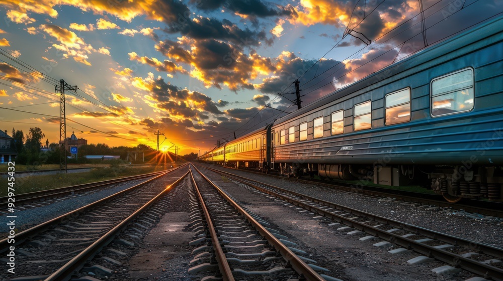 Show a passenger train at dusk with a dramatic sunset sky and long ...