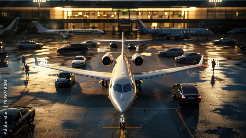 Show a private jet parked at a VIP airport terminal, surrounded by ...