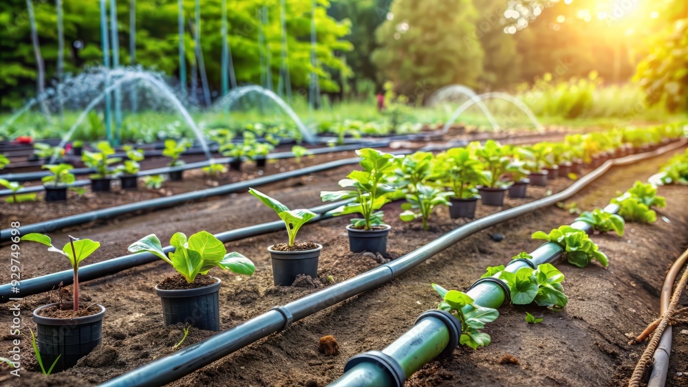 Moist soil and lush green plants surround a network of tubes and ...