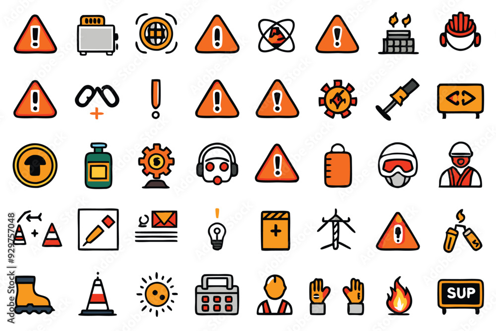 Set of industrial safety icons, including hazard, risk, and safety ...