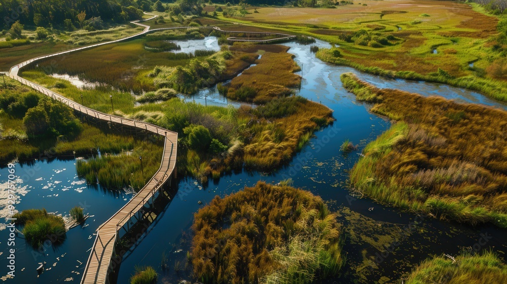 Visualize an aerial view of a wetland habitat, with boardwalks winding ...