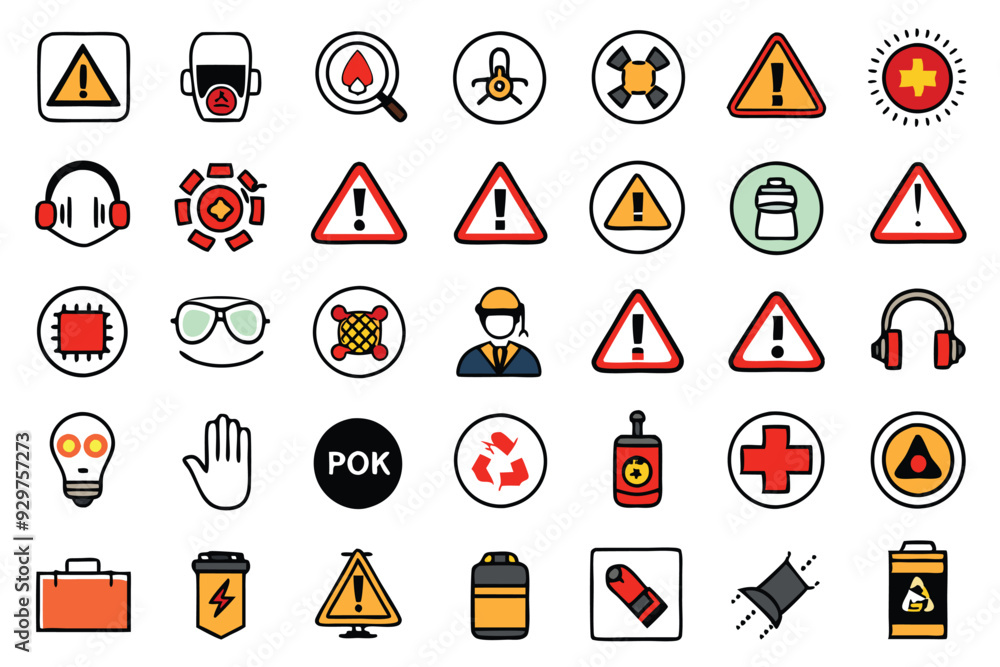 Set of industrial safety icons with hazard, risk, and warning symbols ...