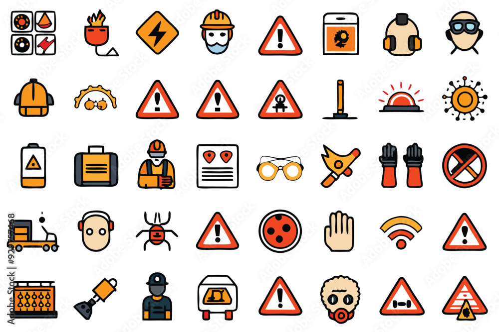 Industrial safety icon set with hazard, risk, and management icons ...