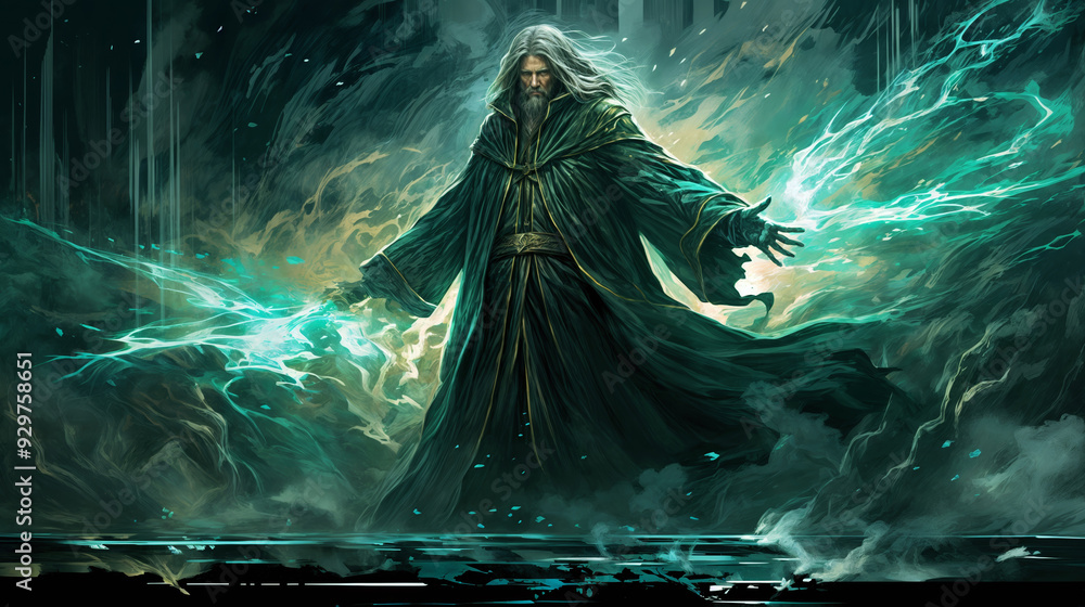 Powerful wizard conjuring mystical energy, ancient sorcerer wielding ...