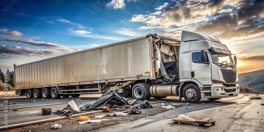 Cargo scattered across the asphalt, a mangled trailer lies idle, its ...