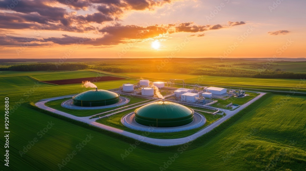 A rural landscape featuring methane gas production and biogas plants ...