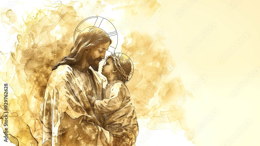 Jesus holds baby Jesus tenderly, surrounded by muted tones and wispy ...