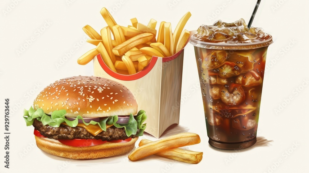 Depict a fast food combo meal featuring a burger, large fries, and a ...