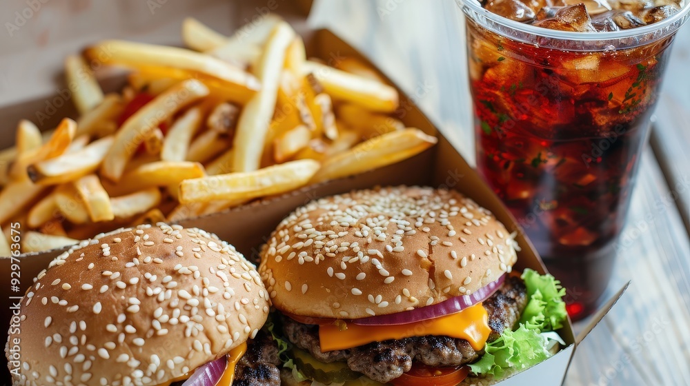 Depict a fast food combo meal featuring a burger, large fries, and a ...