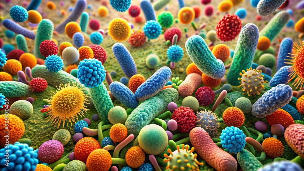Vibrant colored microscopic view of 3D bacteria colonies, featuring ...