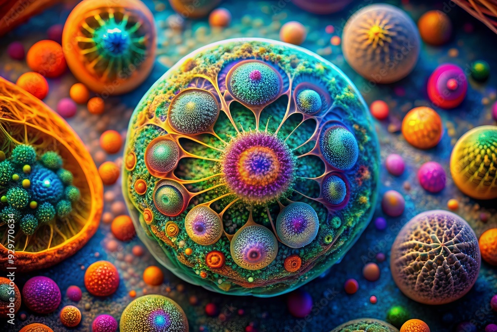 Vibrant spectrum of colors illuminates a microscopic view of a cell ...