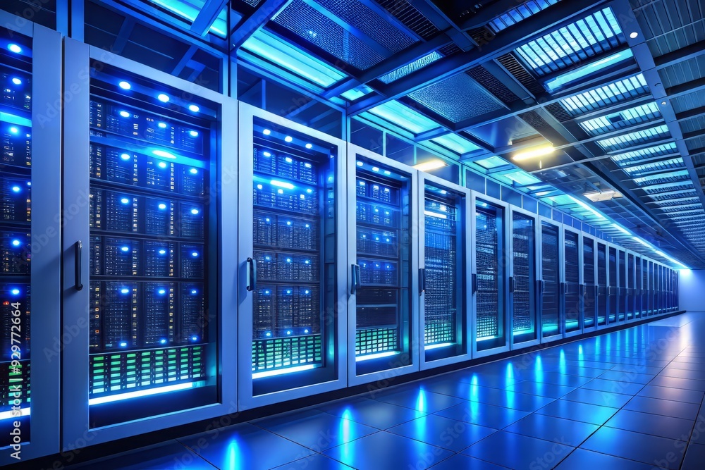 Rows of sleek, high-performance servers and data storage units hum with ...