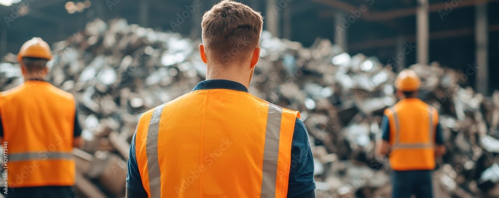 Workers wearing reflective vests in a large-scale recycling operation ...