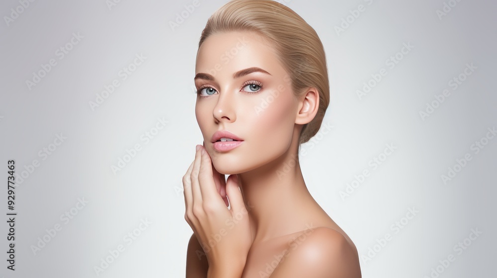 European woman smiling, touching cheek cheek filler treatment and ...