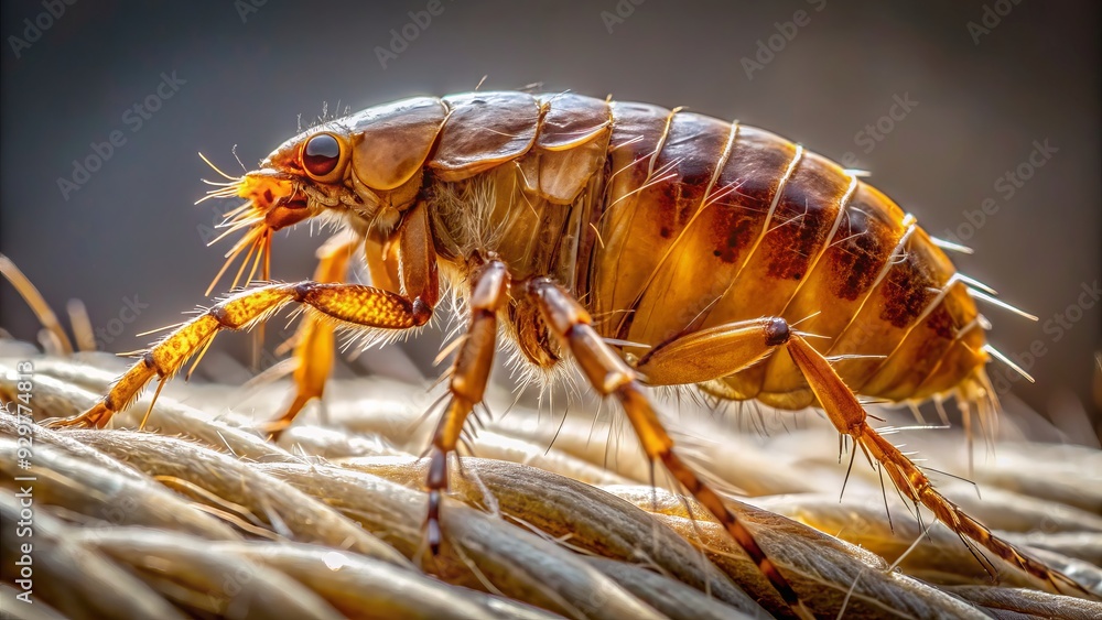 Macro view of a single flea on a furry surface, its tiny legs and ...