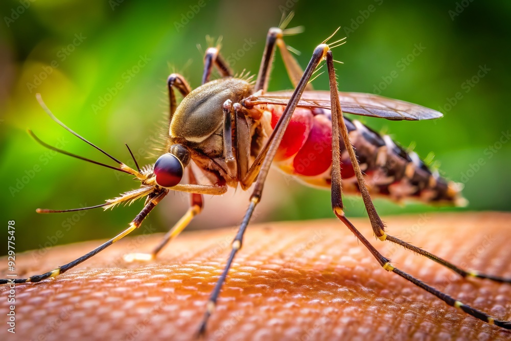 A menacing female mosquito lands on human skin, its piercing proboscis ...