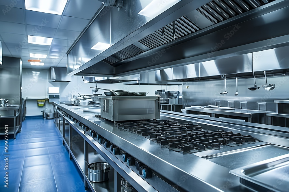 Modern commercial kitchen with stainless steel equipment and organized ...