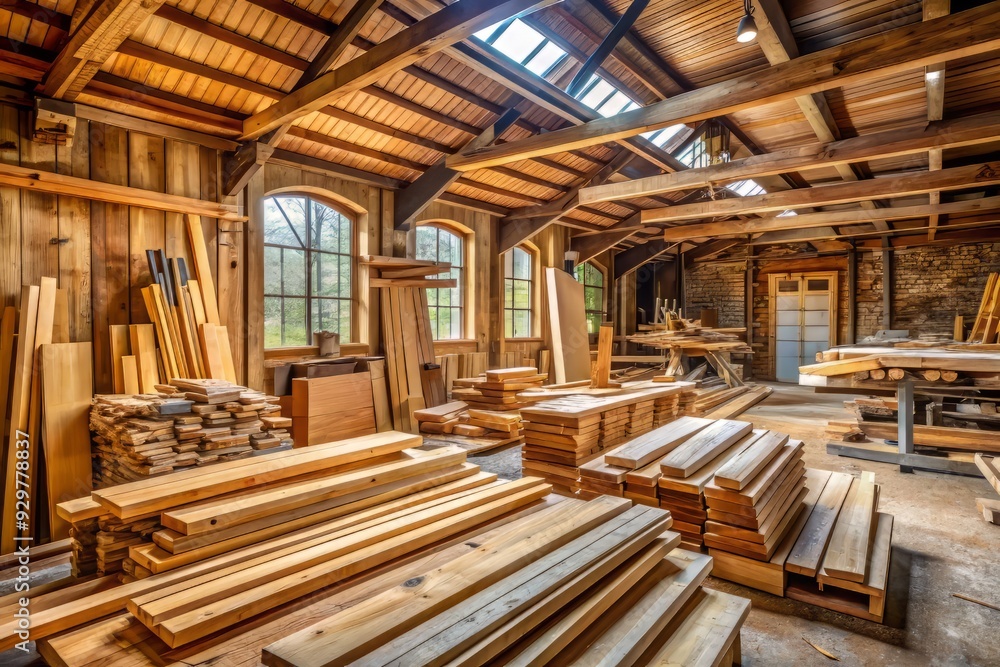 Rustic wooden planks and timber pieces showcased in a workshop ...