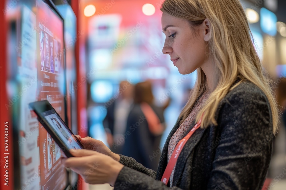 A business professional scans a QR code at an interactive display in a ...