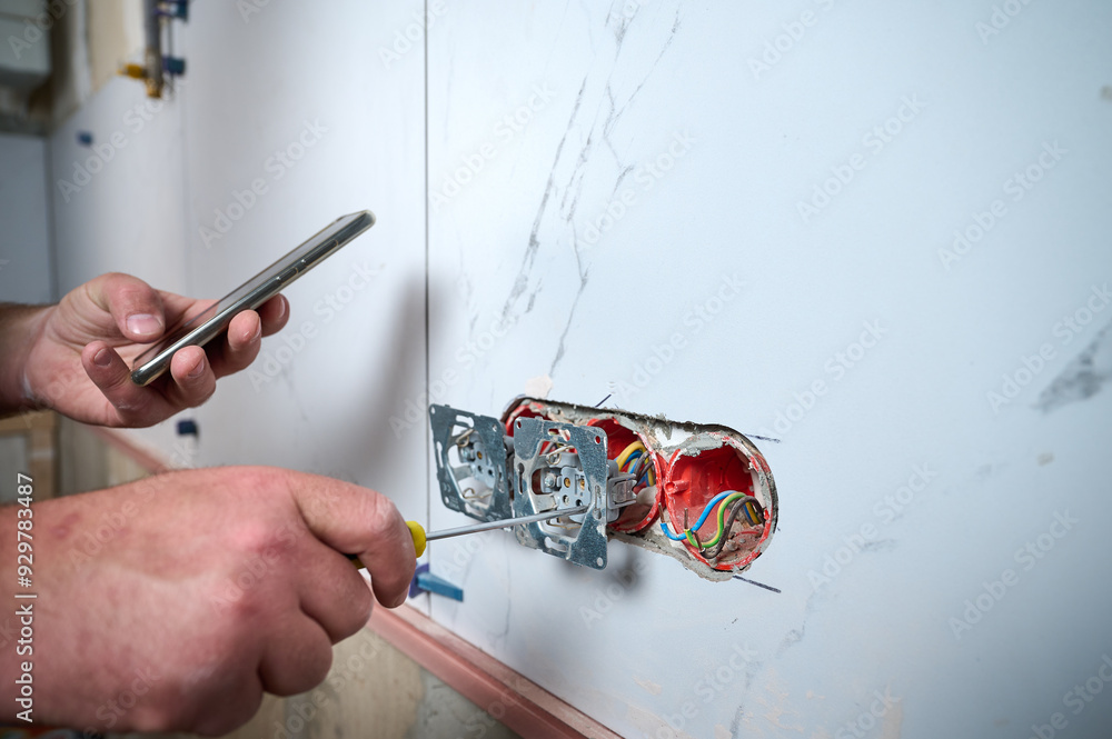 Professional electrician installing electric socket into the wall using ...