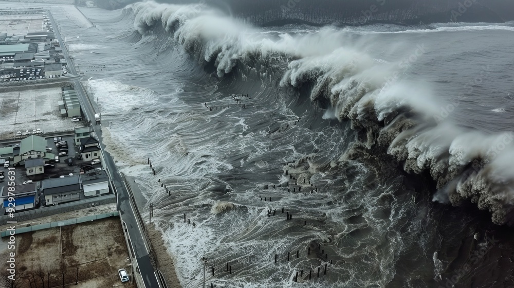 realistic aerial photograph of the massive winter tsunami in Japan ...
