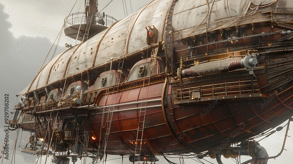 An blimp from medieval with decks full of cables and gear Stock Photo ...