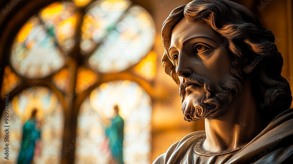 Statue of Jesus Christ with soft sunlight streaming through church ...
