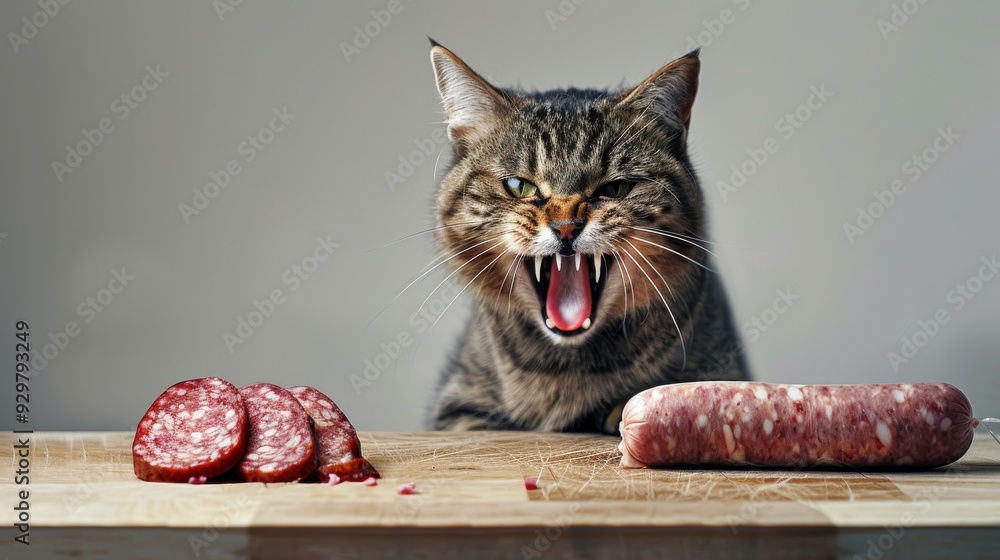 angry cat sitting on a table staring at salami meat, against a gray ...