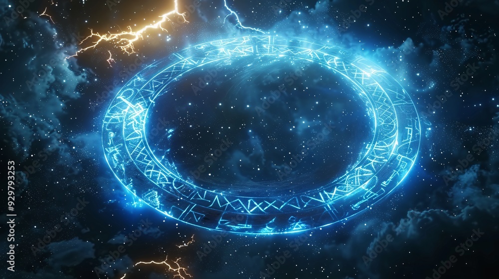 Glowing magic runes forming a circle amidst a thunderstorm, with ...