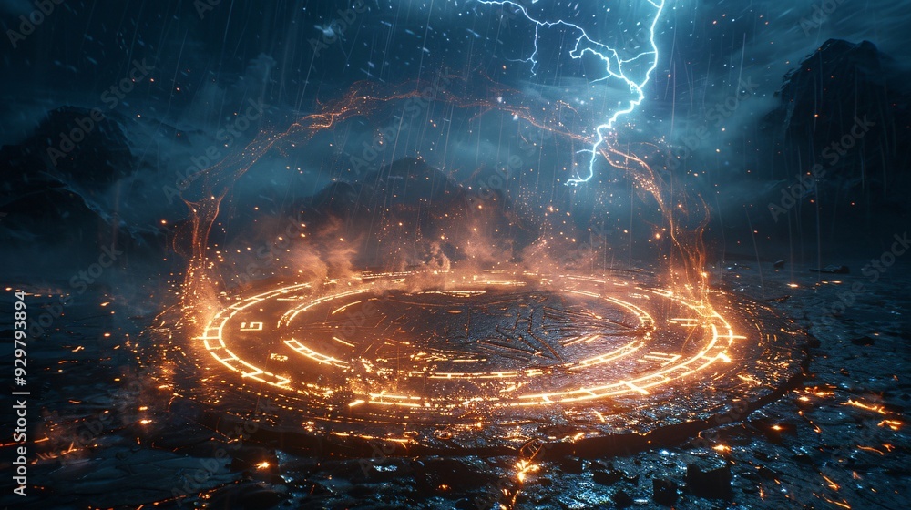 Magic runes glowing in a circle, surrounded by a thunderstorm and ...