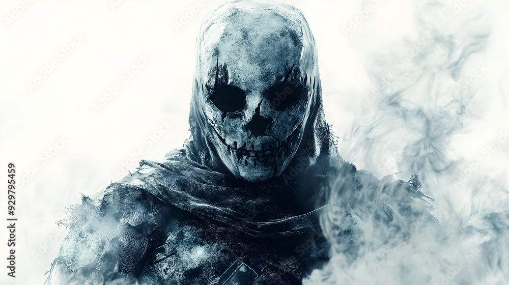 Ghostly soldier in a spooky Halloween mask, battle-worn armor ...