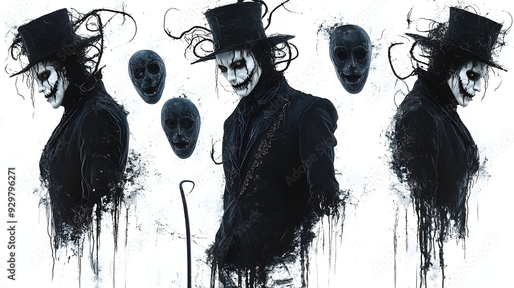 Gothic ringmaster, contorted whip and floating Halloween masks, dark ...