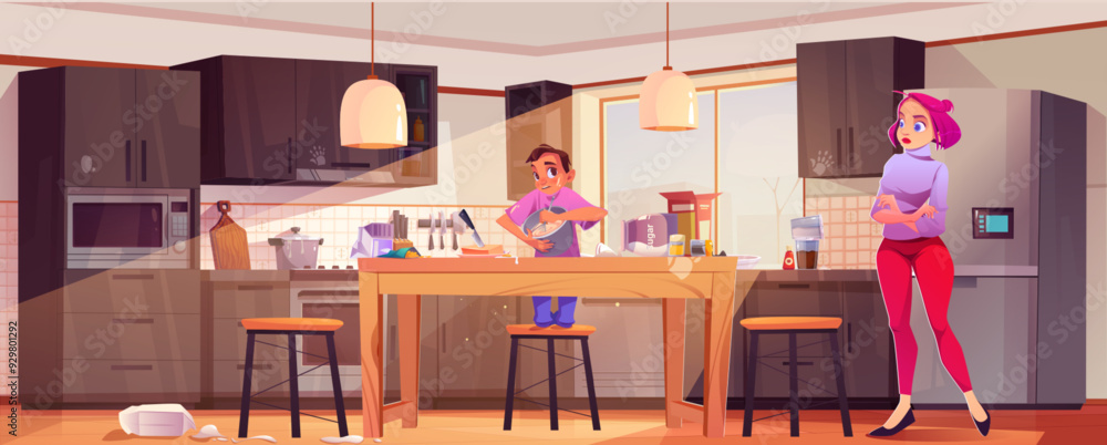 Boy cooking in messy kitchen. Vector cartoon illustration of upset ...