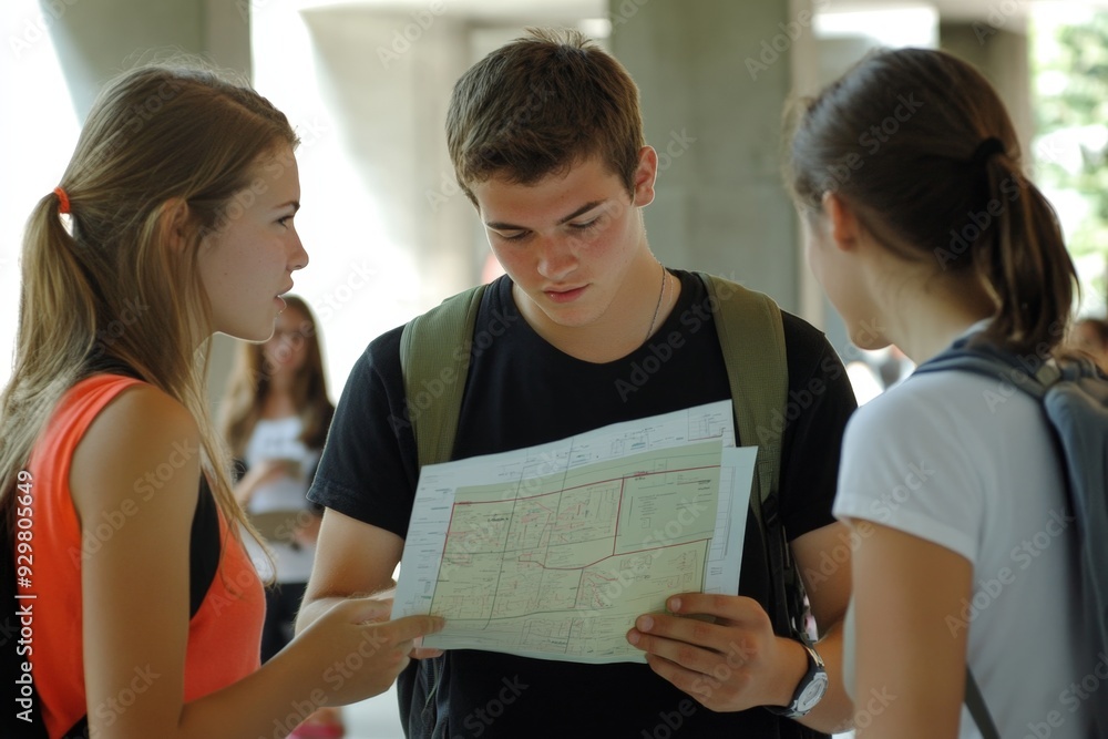 College students exploring their new campus, map in hand, discovering ...