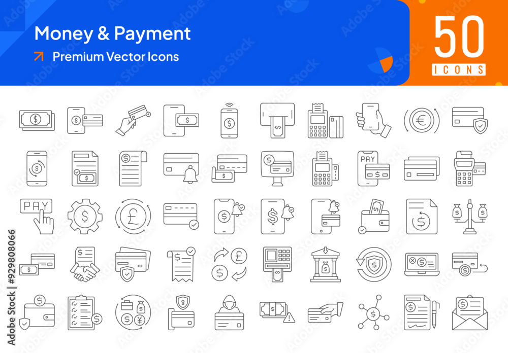 Money, payment thin line style icons set, money icon, payment method ...