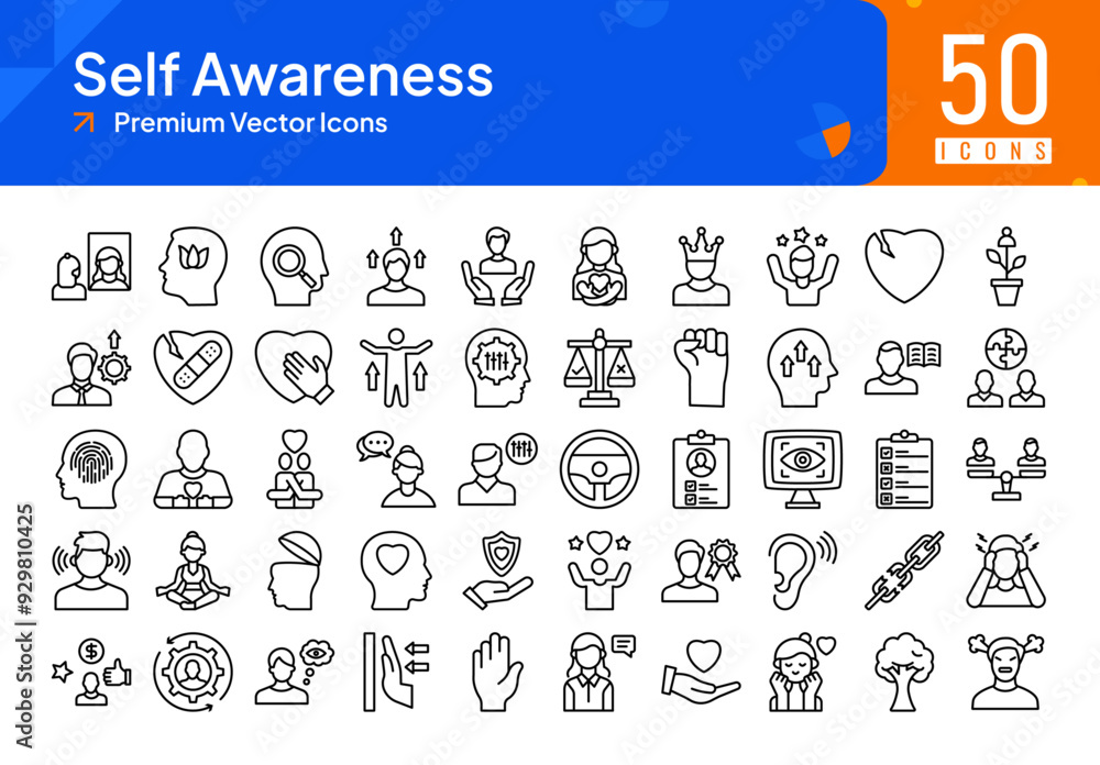 Self Awareness bold style line icons set, self reflection, mindfulness ...