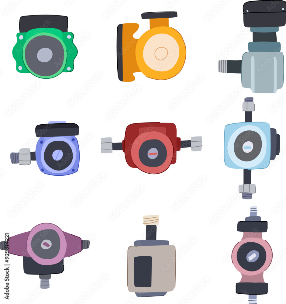 water circulation pump set cartoon. efficiency motor, impeller plumbing ...