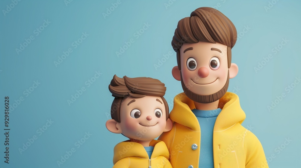 Smiling cartoon father and son in matching yellow jackets with cheerful ...